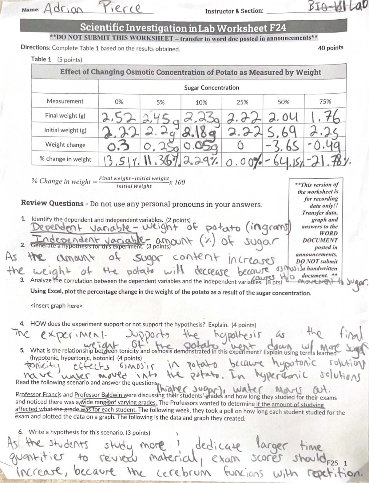 Scientific Investigation Lab Worksheet F24: Osmotic Concentration Effects - Studocu