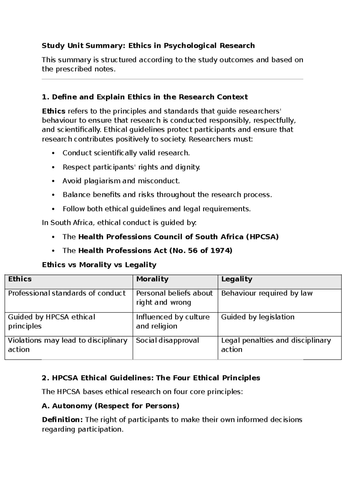 Study Unit 4 Summary: Ethics in Psychological Research - Studocu