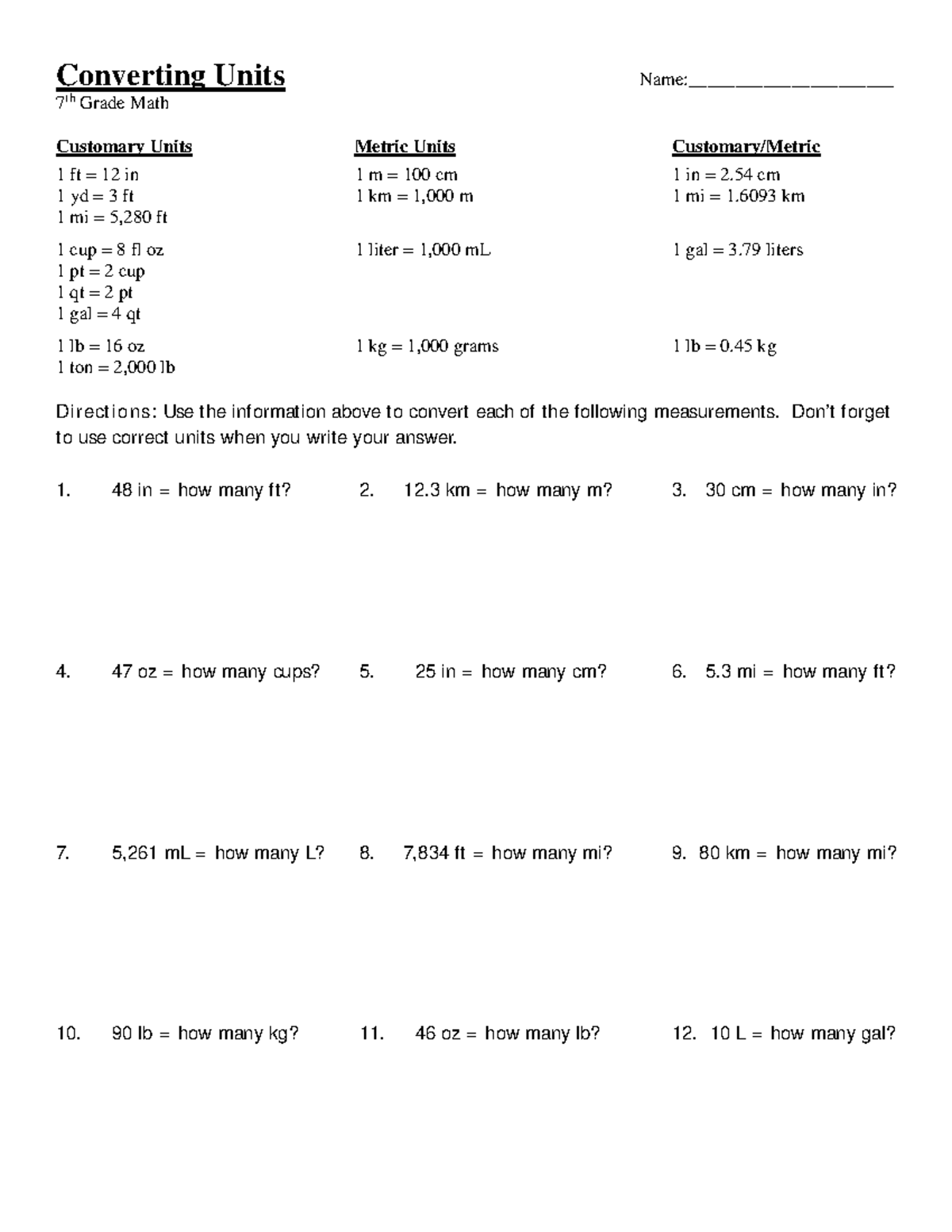 Converting Units: 7th Grade Math Customary & Metric Conversions - Studocu