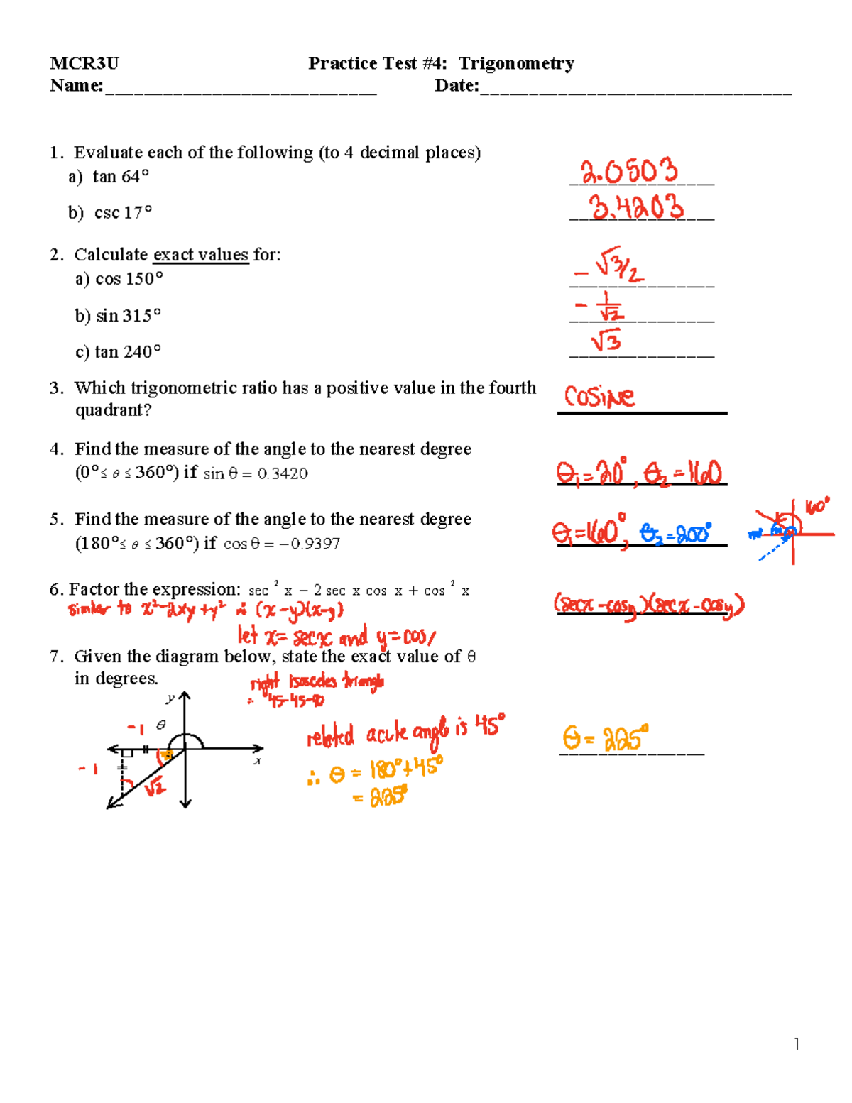 MCR3U Final Exam Practice Test: Trigonometry Concepts - Studocu