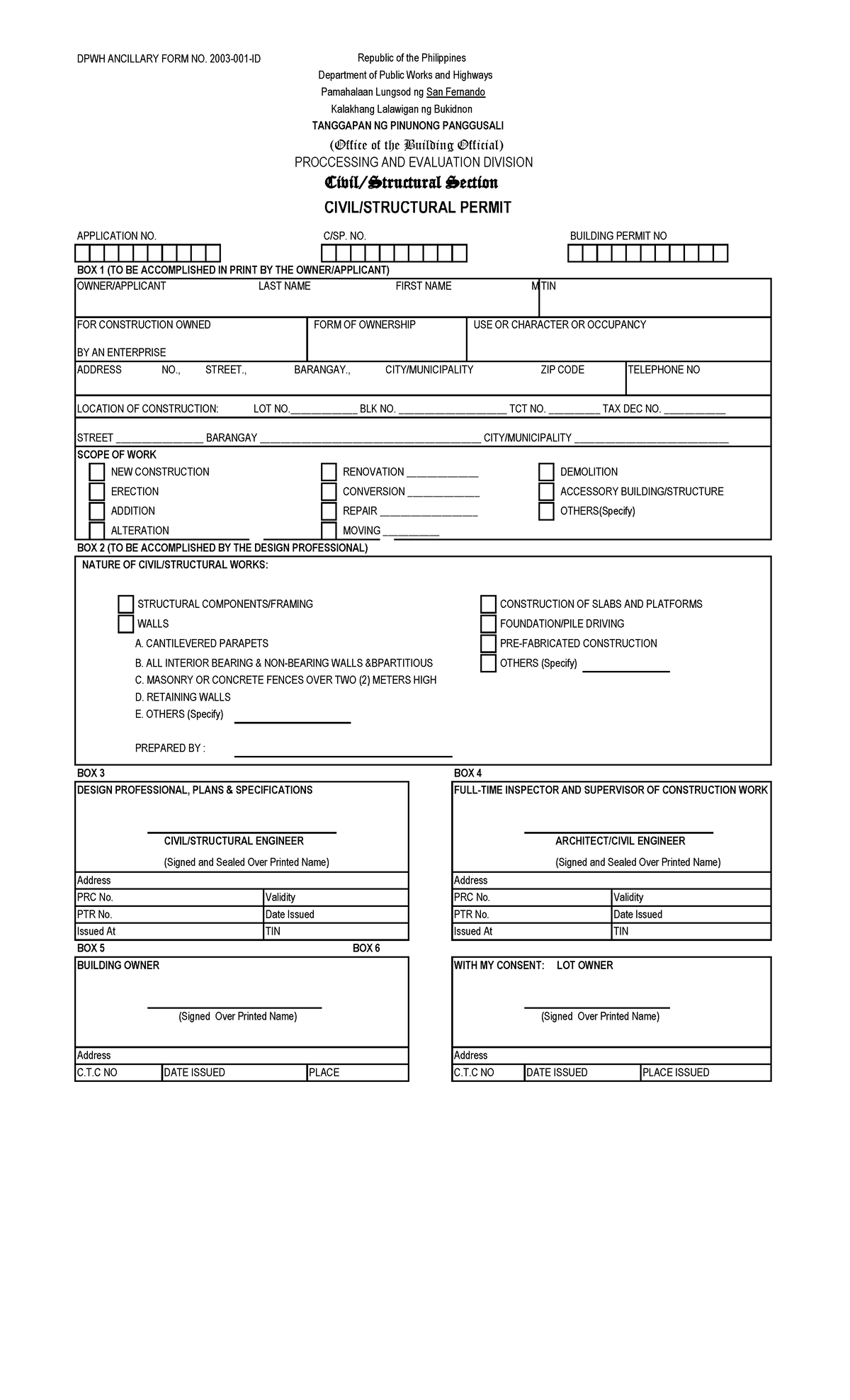 Civil-Structural Permit Application - DPWH Form No. 2003-001-ID - Studocu