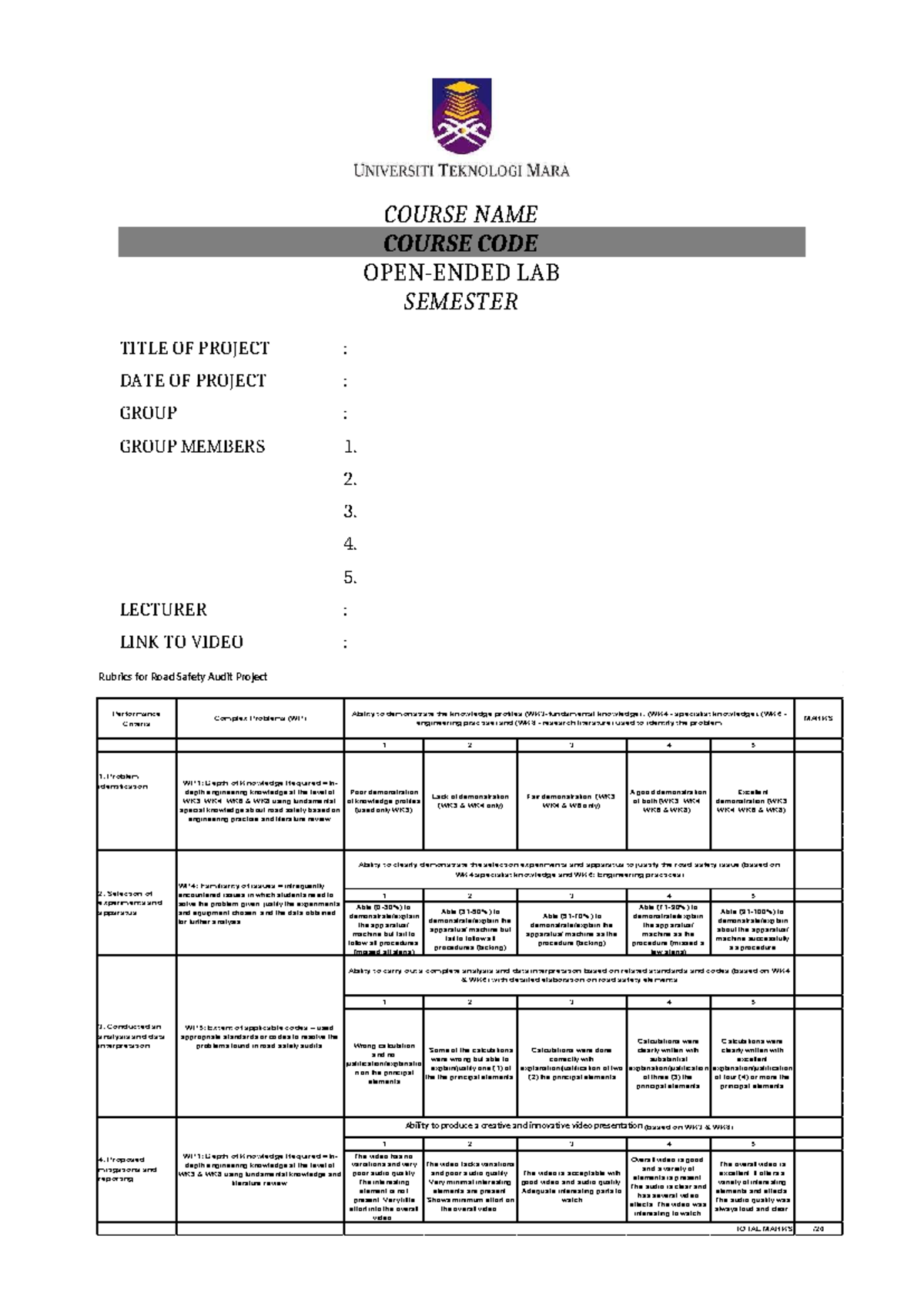 Road Safety Audit Project Rubrics - COURSE CODE LAB SEMESTER - Studocu