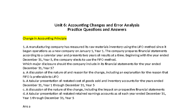 Accounting Changes and Error Analysis Q&A (ACCT 101) - Studocu
