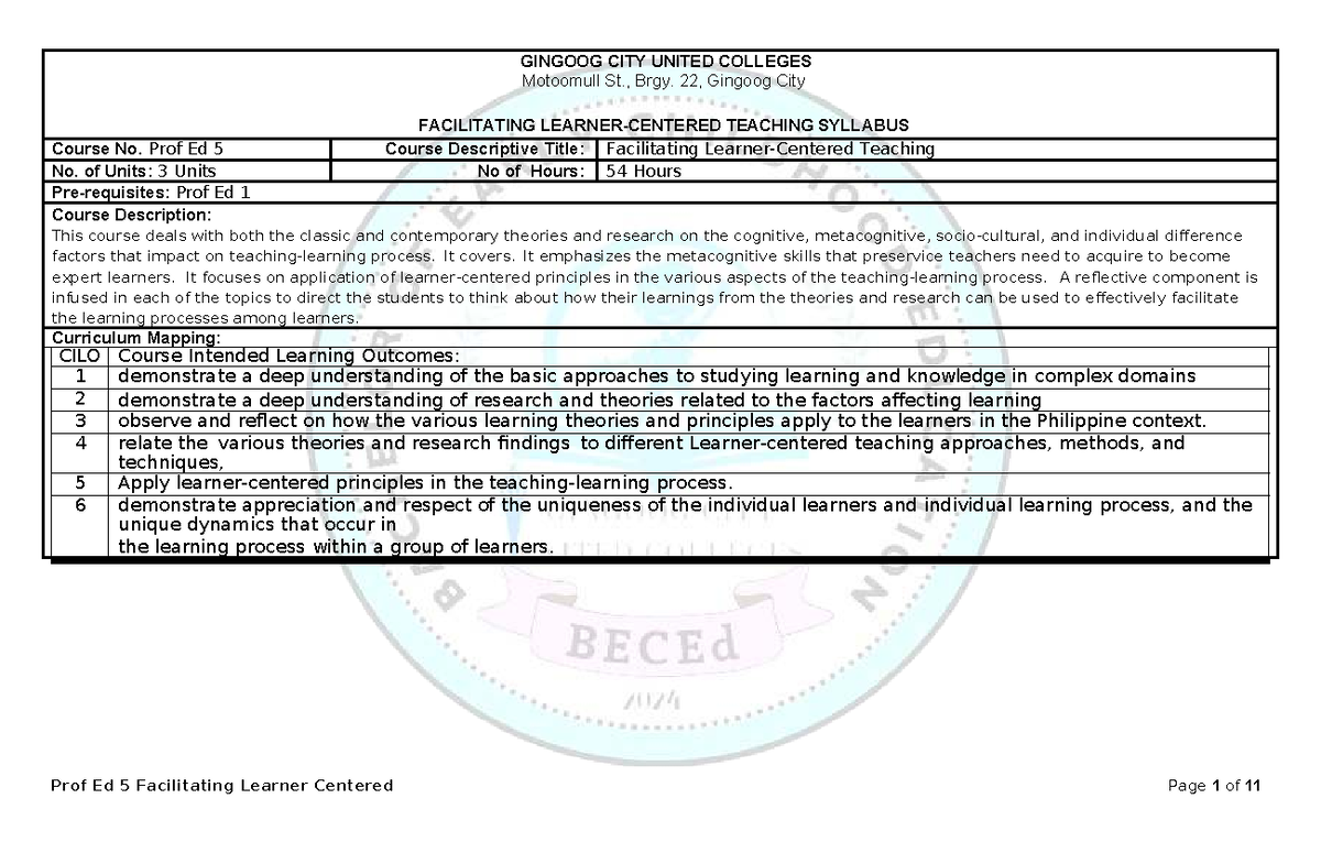Prof Ed 5: Facilitating Learner-Centered Teaching Syllabus - Studocu