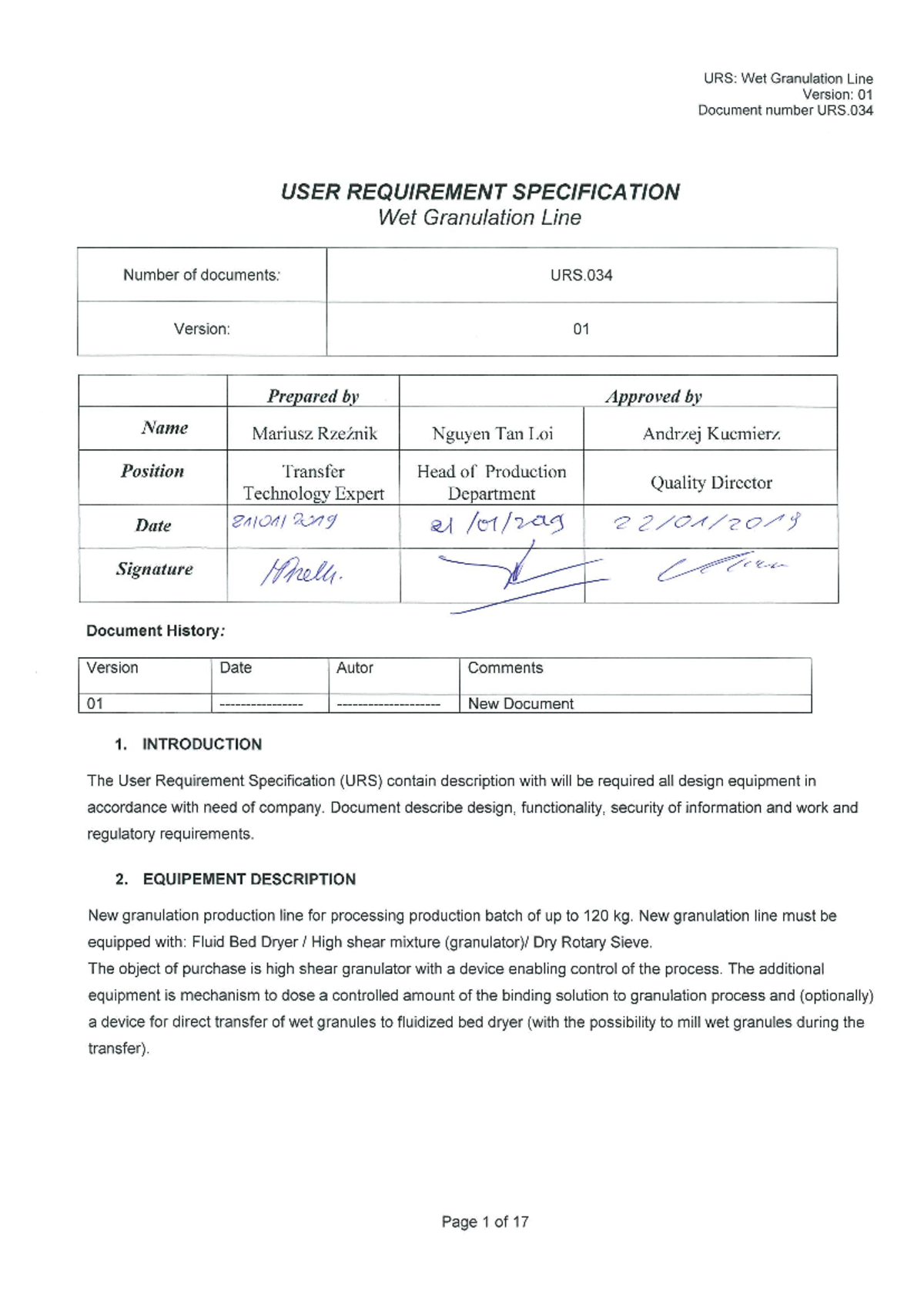 URS.034 User Requirement Specification for Wet Granulation Line - Studocu
