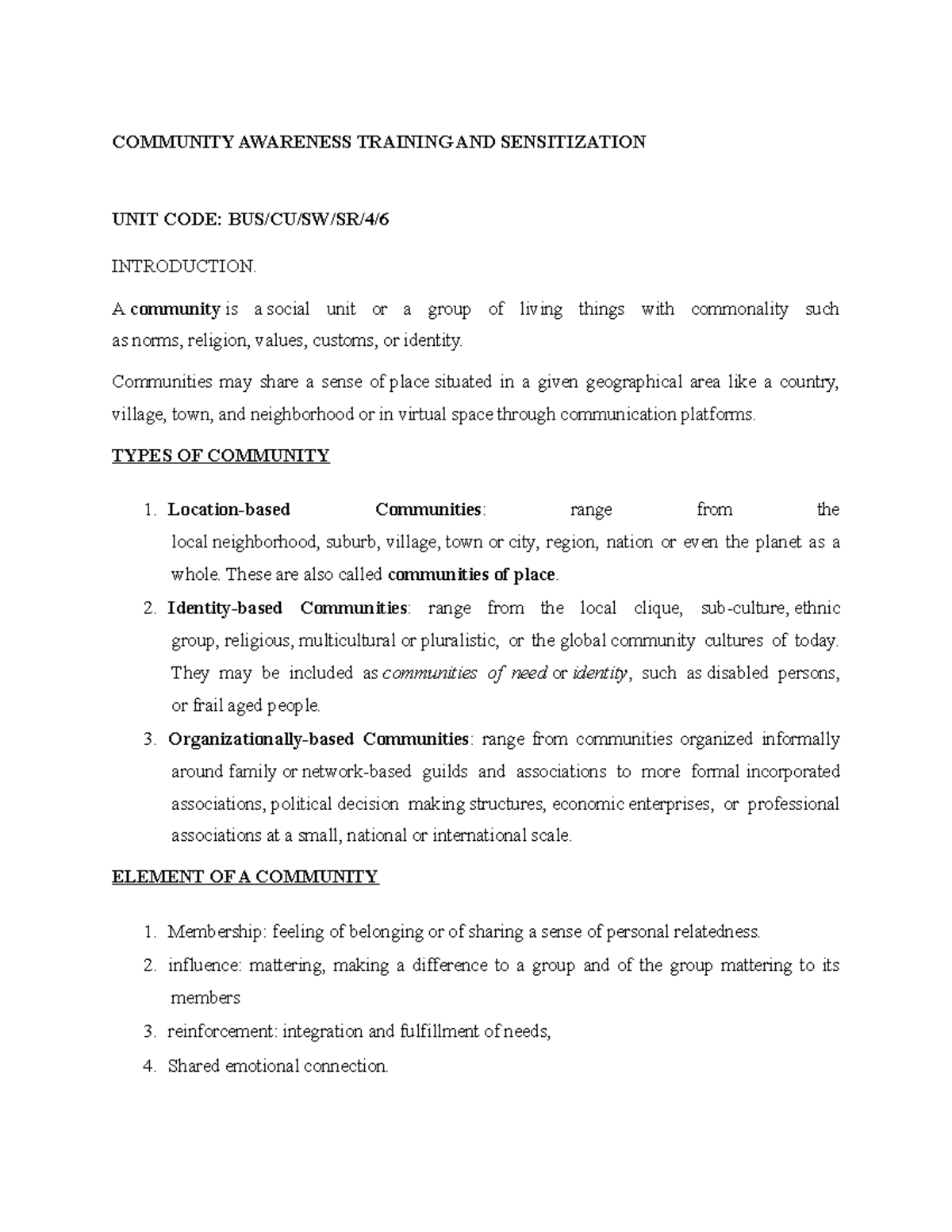 Community Awareness Training and Sensitization - BUS/CU/SW/SR/4 Notes ...