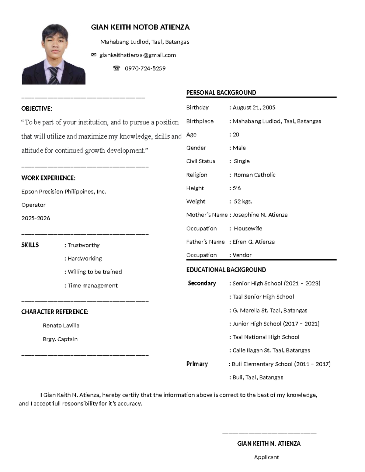 Resume of Gian Keith N. Atienza - Personal Background & Skills - Studocu