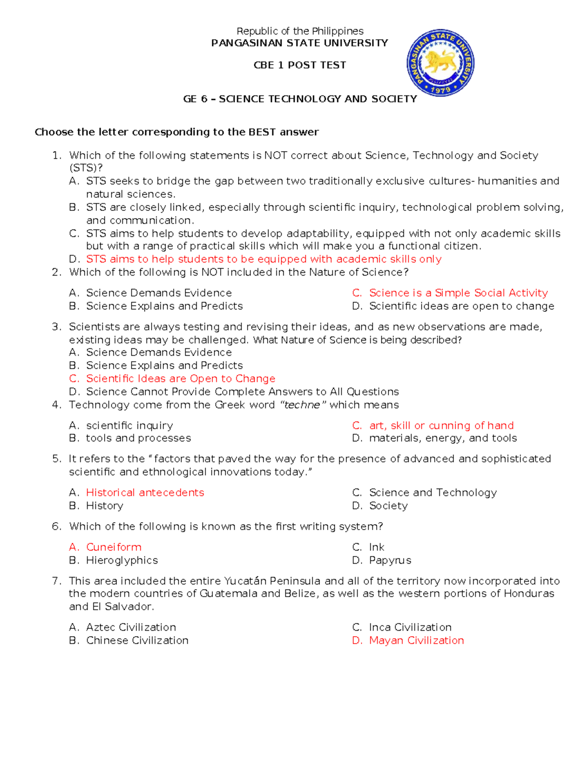 CBE 1 STS Post Test Reviewer: Science, Technology, and Society - Studocu