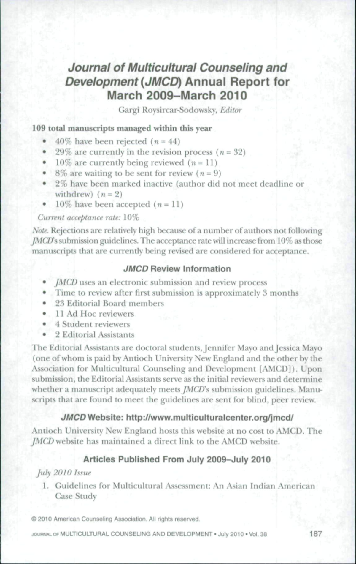 JMCD Annual Report: Manuscript Management Overview (Mar 2010) - Studocu
