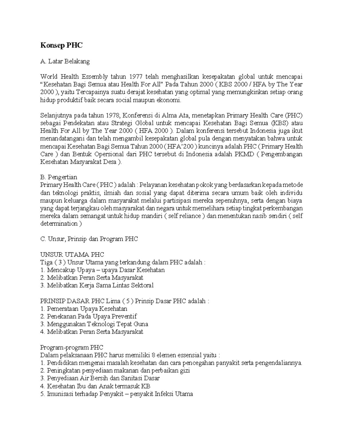 Makalah Konsep PHC: Strategi Keseluruhan dalam Kesehatan untuk Semua - Studocu