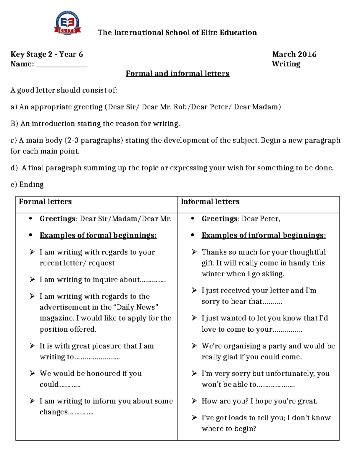 Examples Of Informal Letters Year 6