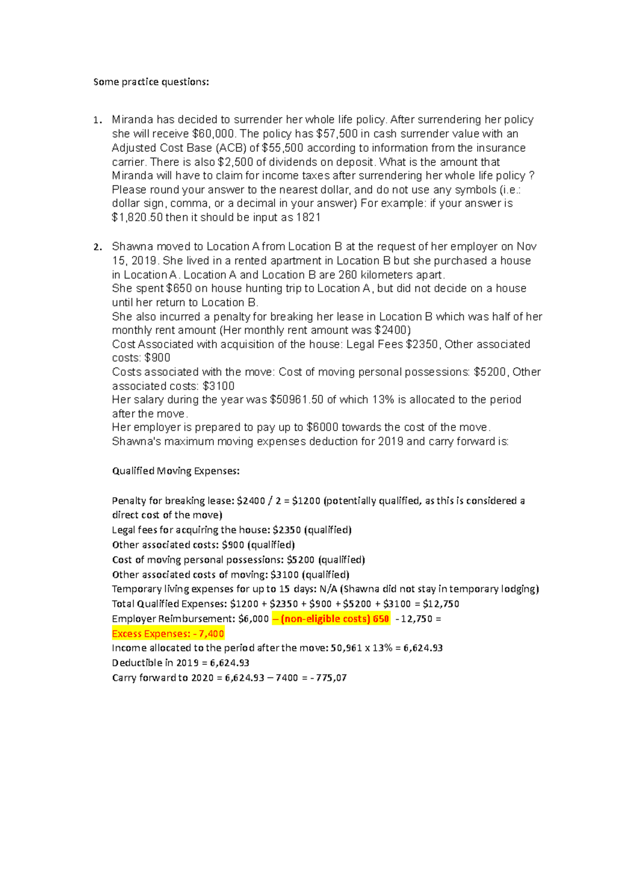 Income Tax Practice Questions - Analysis and Solutions - Studocu
