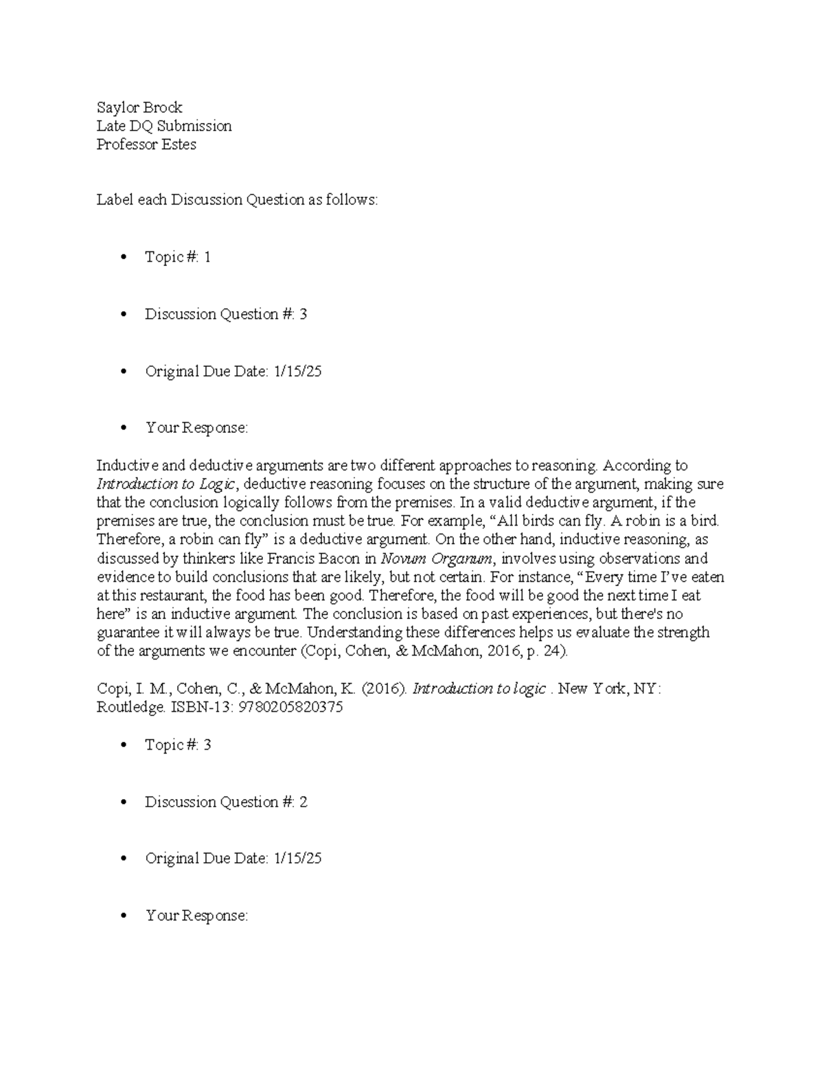 Saylor Brock DQ Responses - Professor Estes (Makeup Work) - Studocu