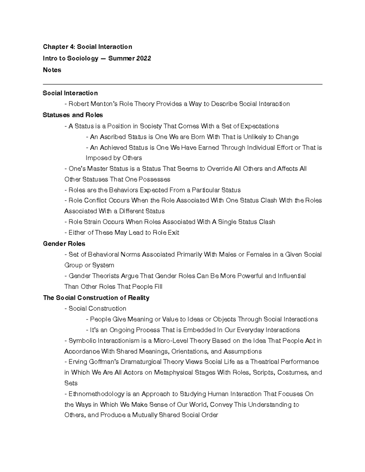 Chapter 4: Social Interaction - Intro to Sociology Notes (Summer 2022 ...