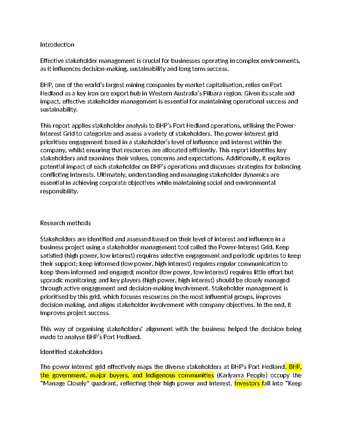 Stakeholder Analysis for BHP's Port Hedland Operations: A Strategic ...