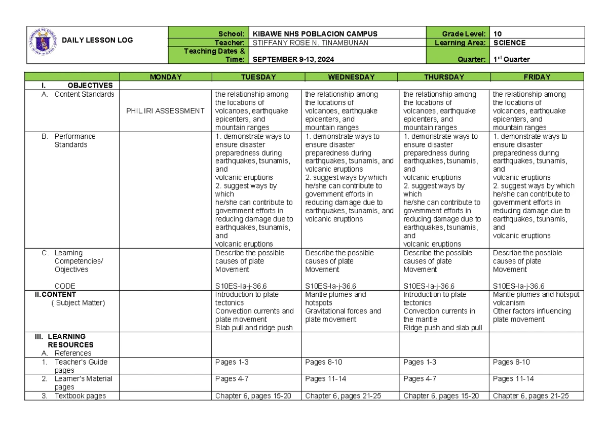 Science 10 Wk2 - Daily Lesson Log on Plate Tectonics and Volcanoes ...