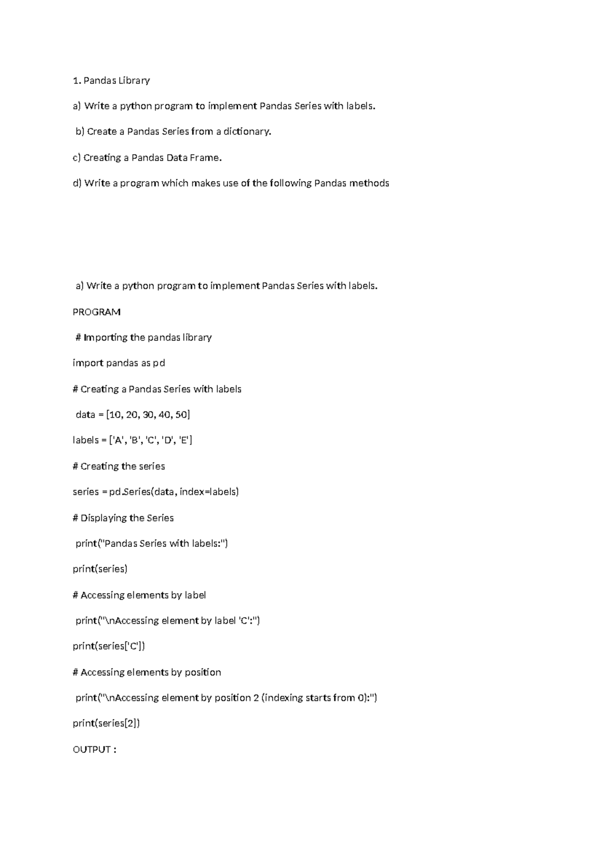 Pandas Library Implementation: Series & DataFrame Examples (ML LAB) - Studocu