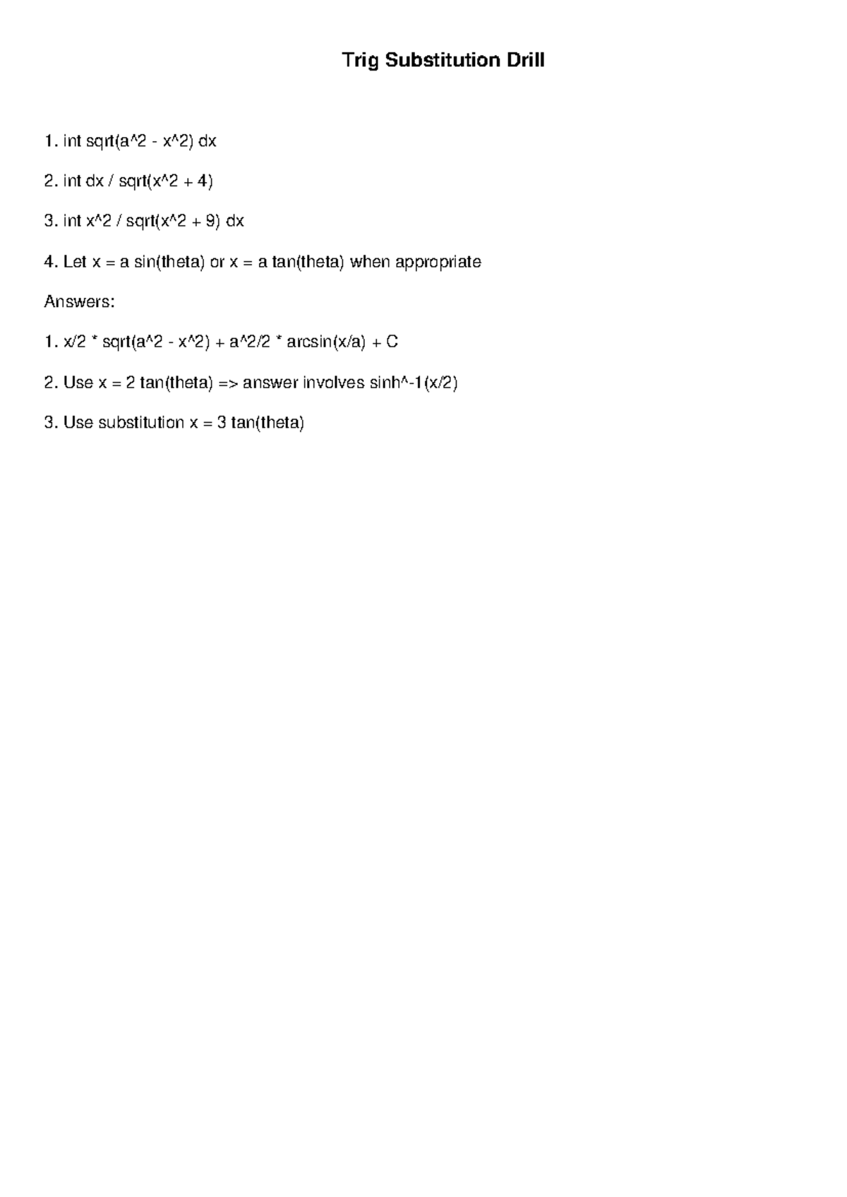 Trig Substitution Drill - MATH1552 - Studocu