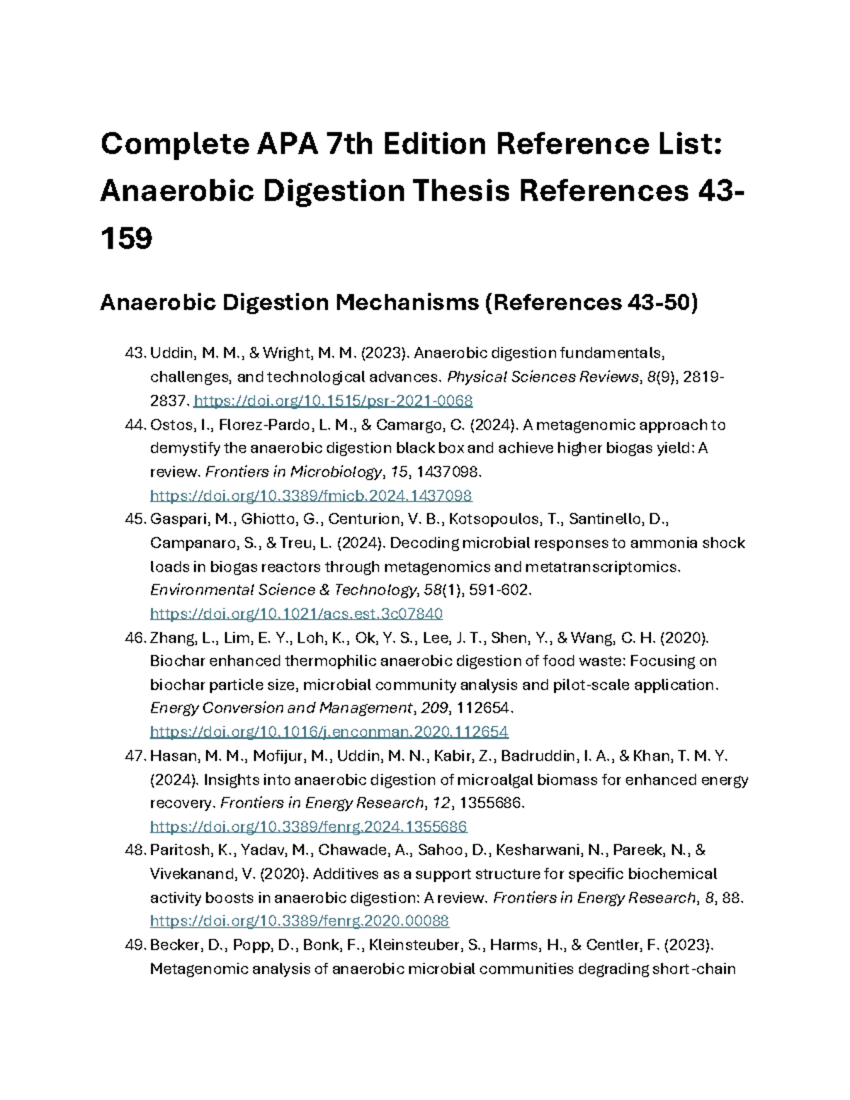 Complete APA 7th Edition Reference List for Anaerobic Digestion Thesis 43159 - Studocu