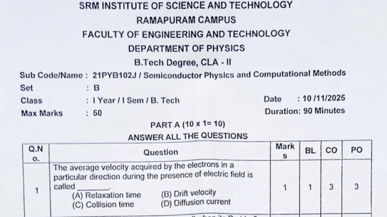 21PYB102J CLA II Internal Assessment QP - Semiconductor Physics - Studocu