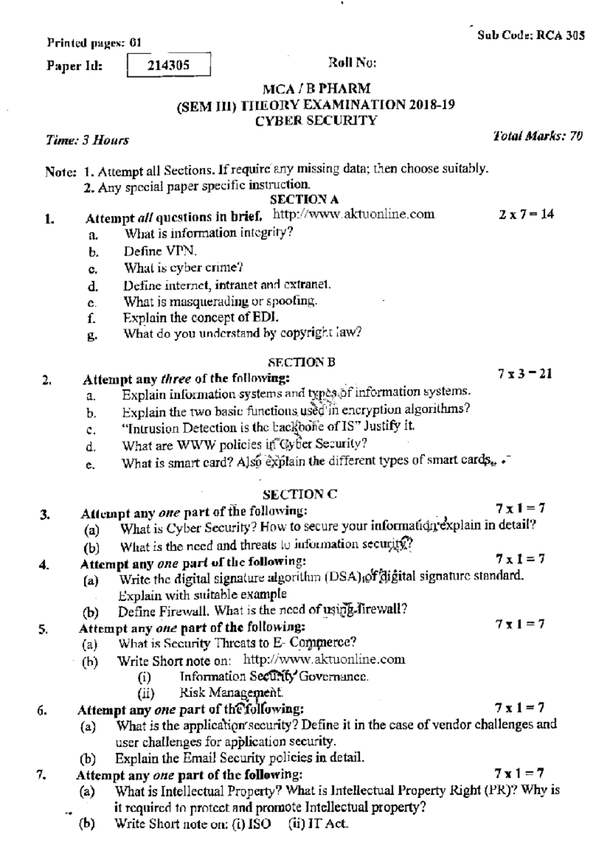 MCA 3 Sem Cyber Security Exam Notes - RCA 305 (2019) - Studocu