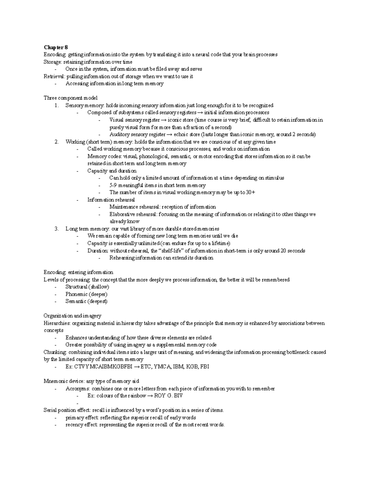 Chapter 8 Memory part 1 - Lecture + Textbook Notes - Chapter 8 Encoding ...