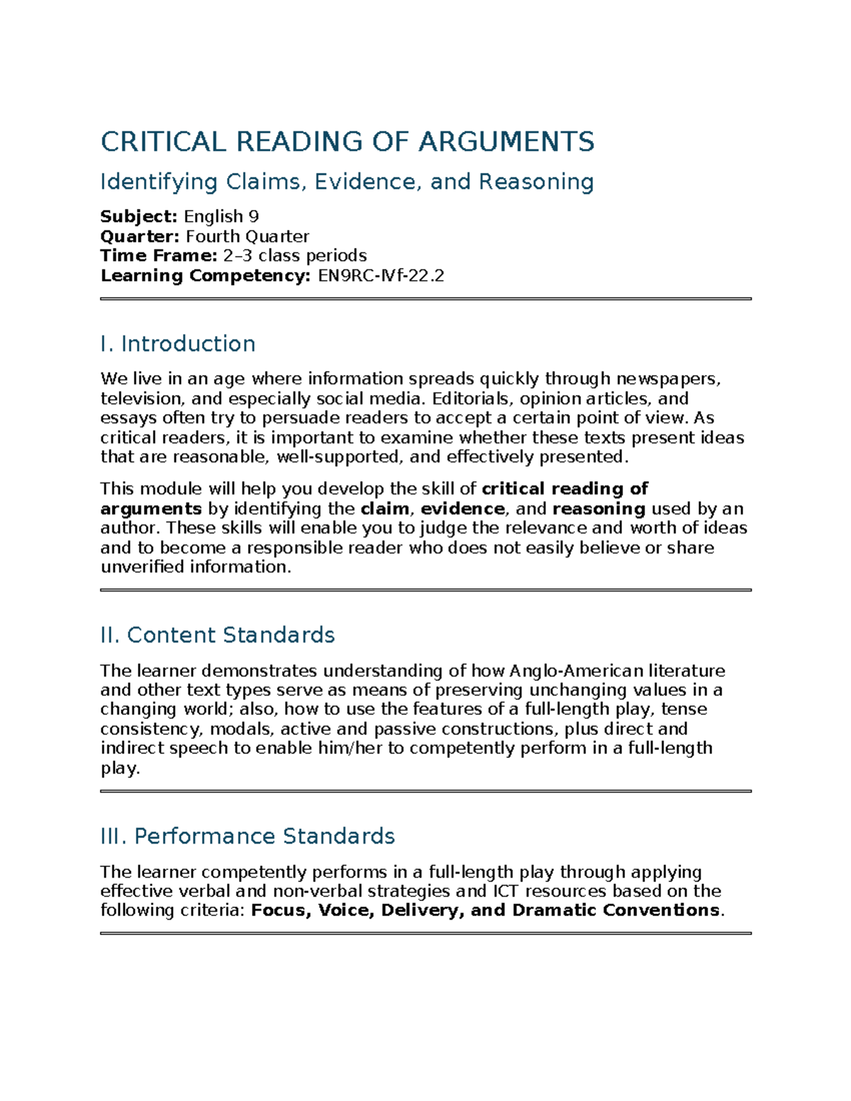 Critical Reading of Arguments: Claims, Evidence & Reasoning - Eng 9 ...