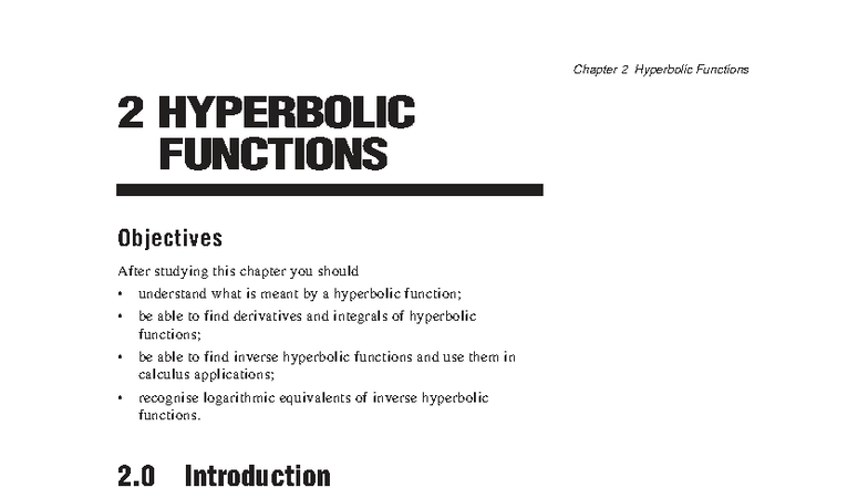 Chapter 2: Hyperbolic Functions Overview and Calculus Applications - Studocu