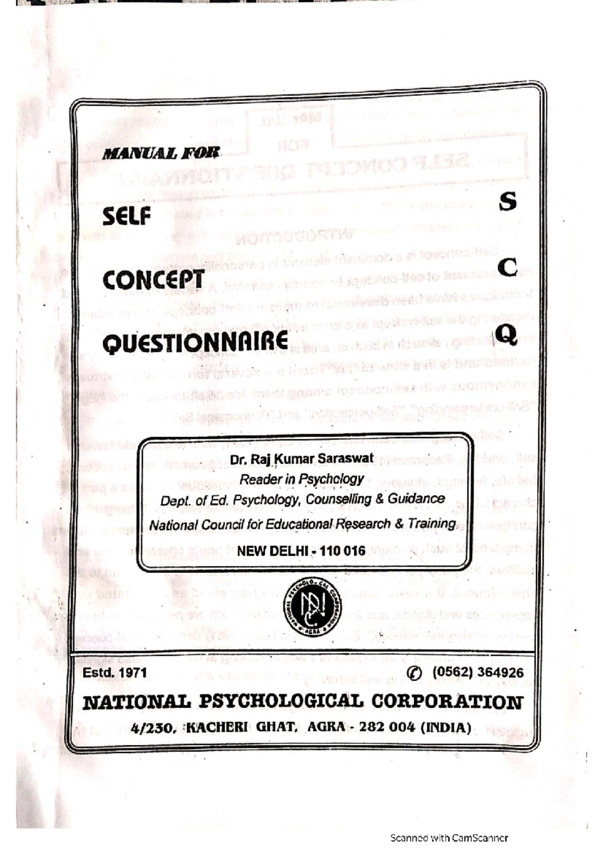 Manual for Self Concept Questionnaire (SCQ) - Psychological Practical ...