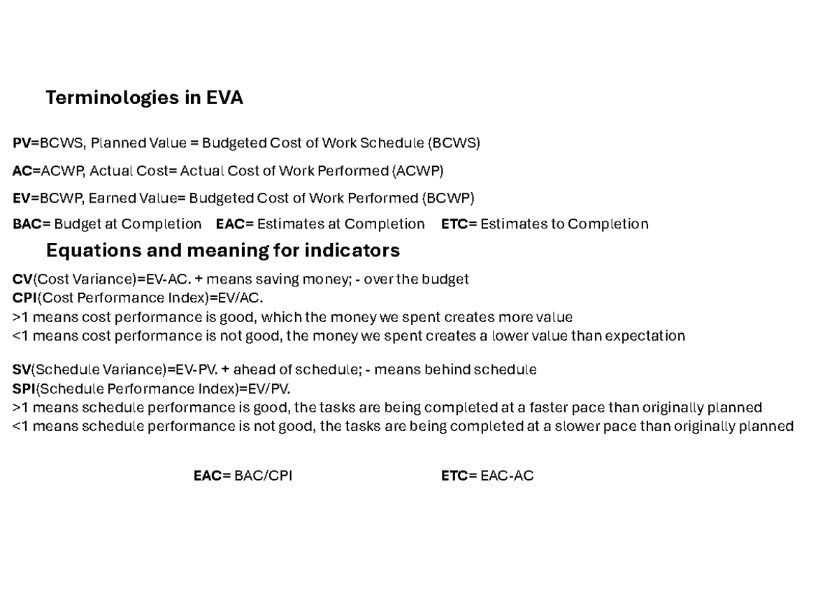 EVA Terminologies & Calculations: Week 10 Tutorial Qs for PM 101 - Studocu