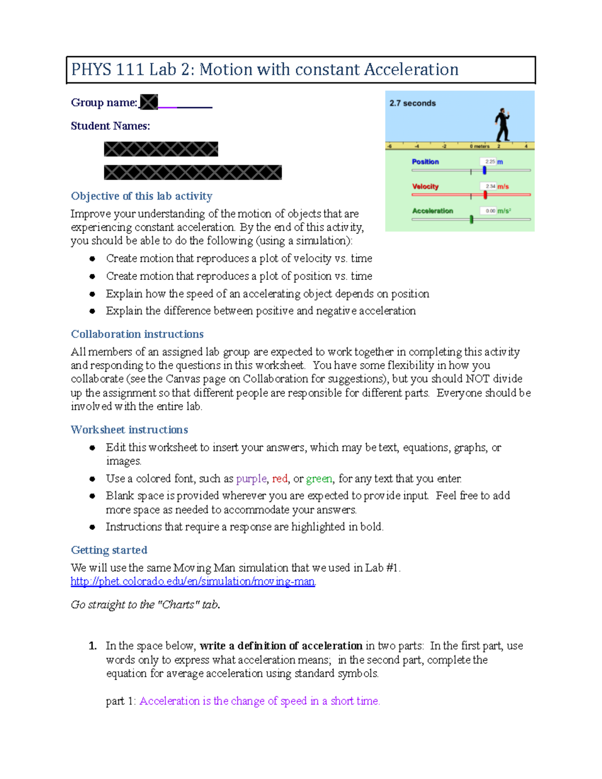 PHYS 111 Lab 2: Understanding Motion with Constant Acceleration - Studocu