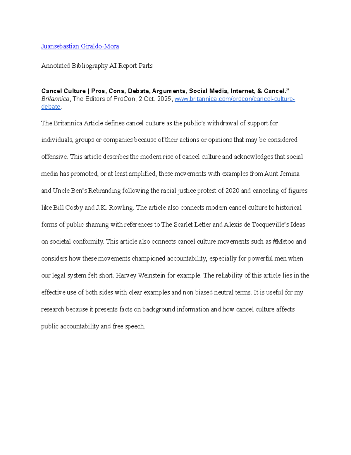 Annotated Bibliography on Cancel Culture: Pros & Cons Analysis - Studocu