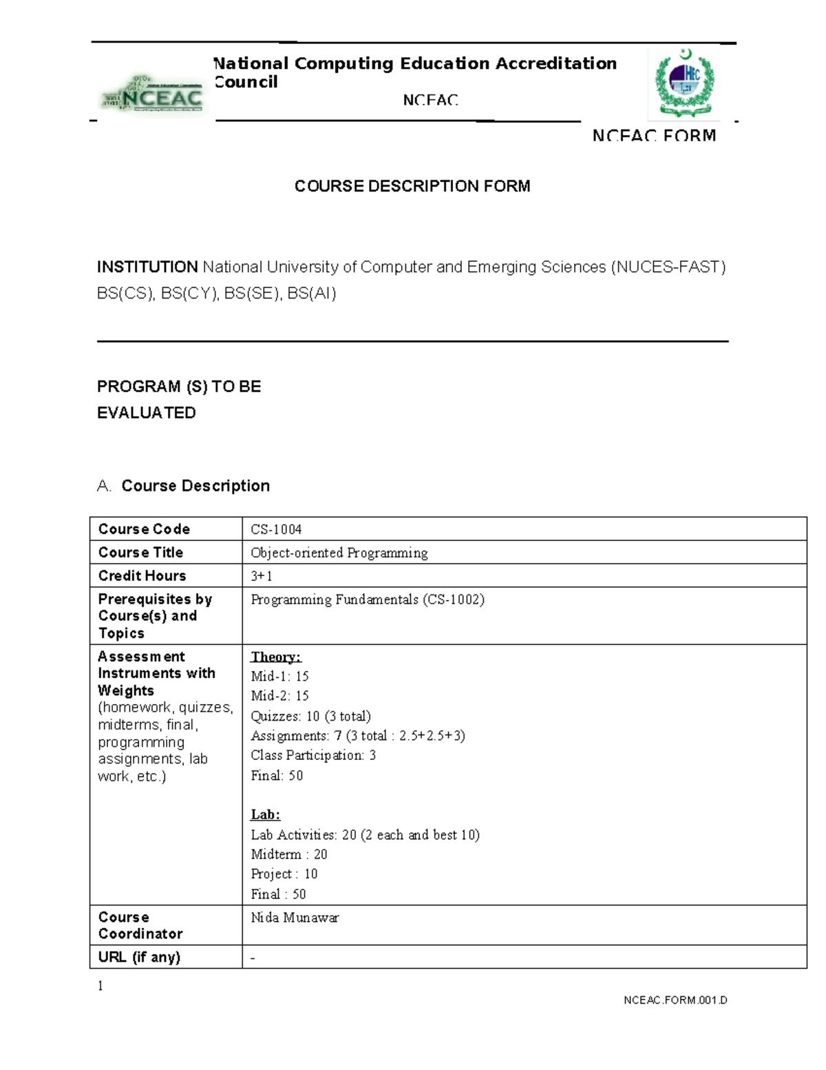 CS-1004 Course Description: Object-Oriented Programming Overview 2024 - Studocu