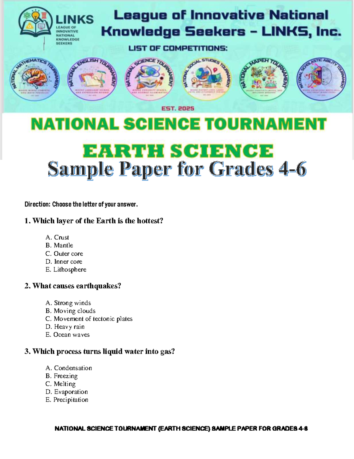 NATIONAL SCIENCE TOURNAMENT (EARTH SCIENCE) SAMPLE PAPER FOR GRADES 4-6 ...
