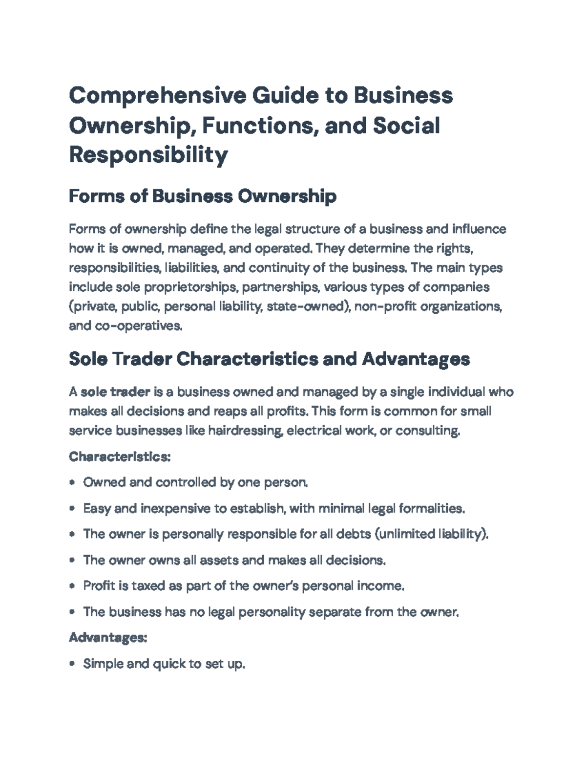 Comprehensive Guide to Business Ownership & Functions (BUS 101) - Studocu