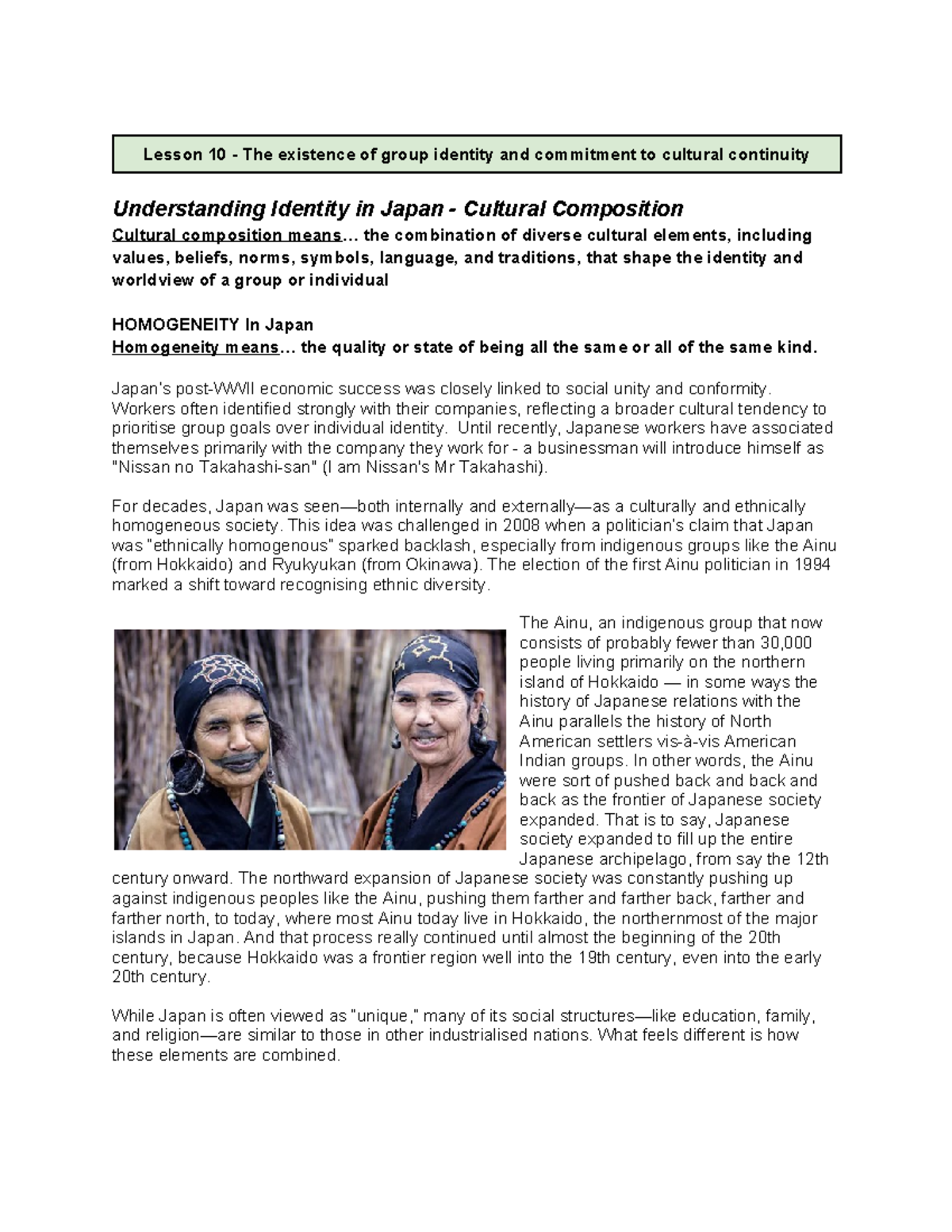 Lesson 10: Group Identity & Cultural Continuity in Japan - Studocu