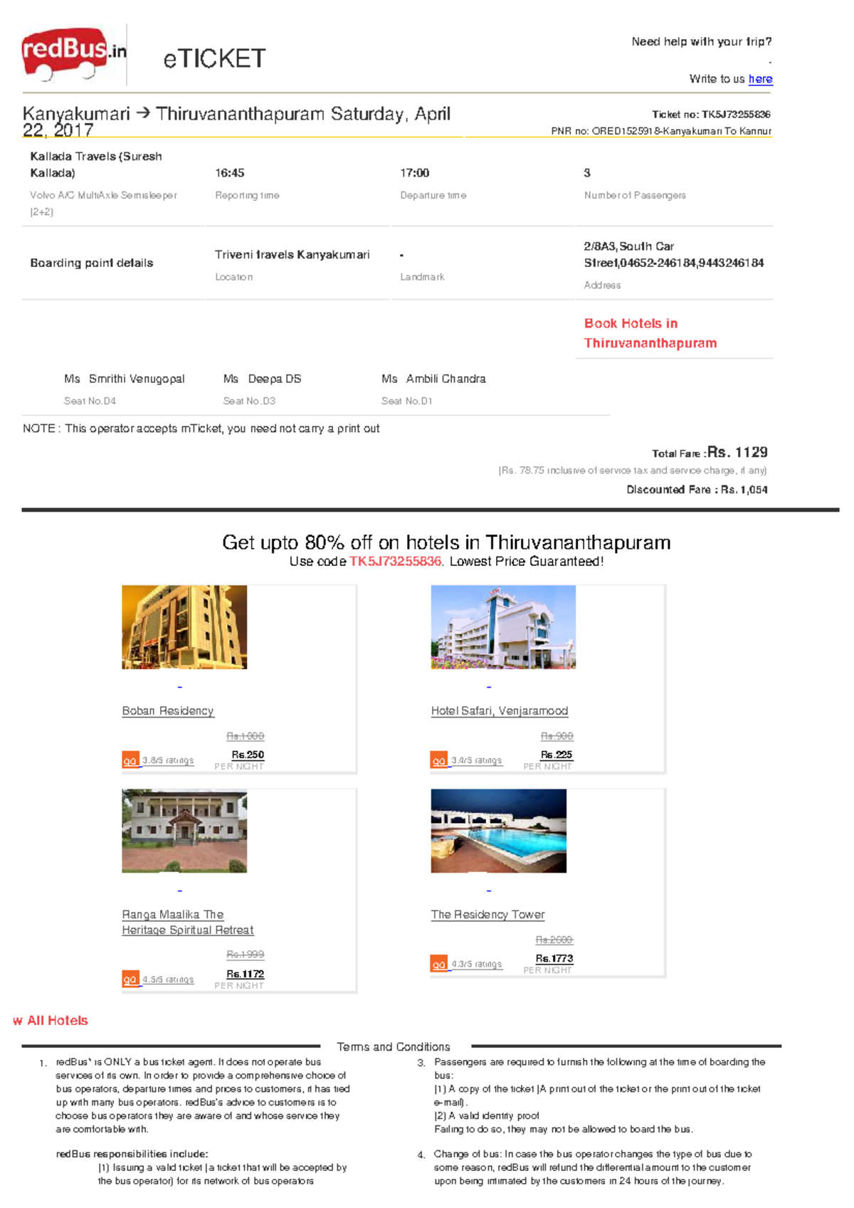 Redbus Ticket Confirmation TK5J73255836 for Kanyakumari Trip - Studocu