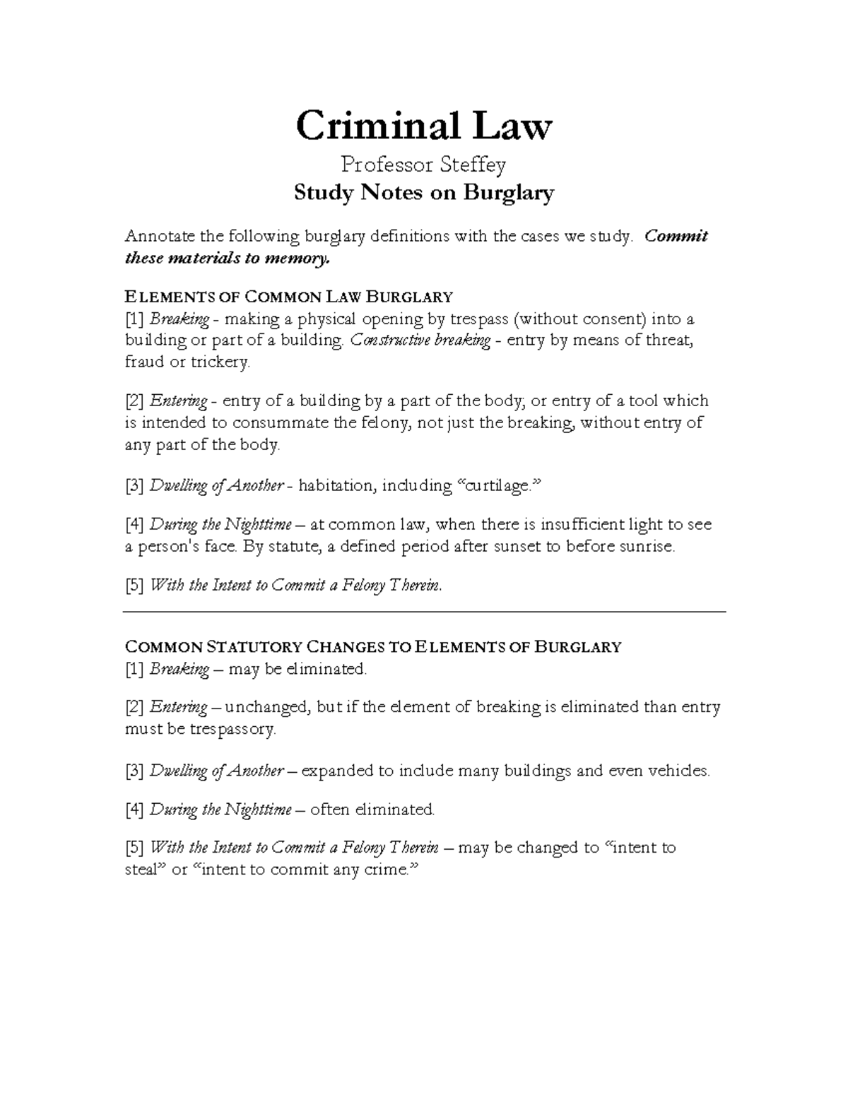 Criminal Law Study Notes: Burglary, Homicide, and Manslaughter Concepts ...