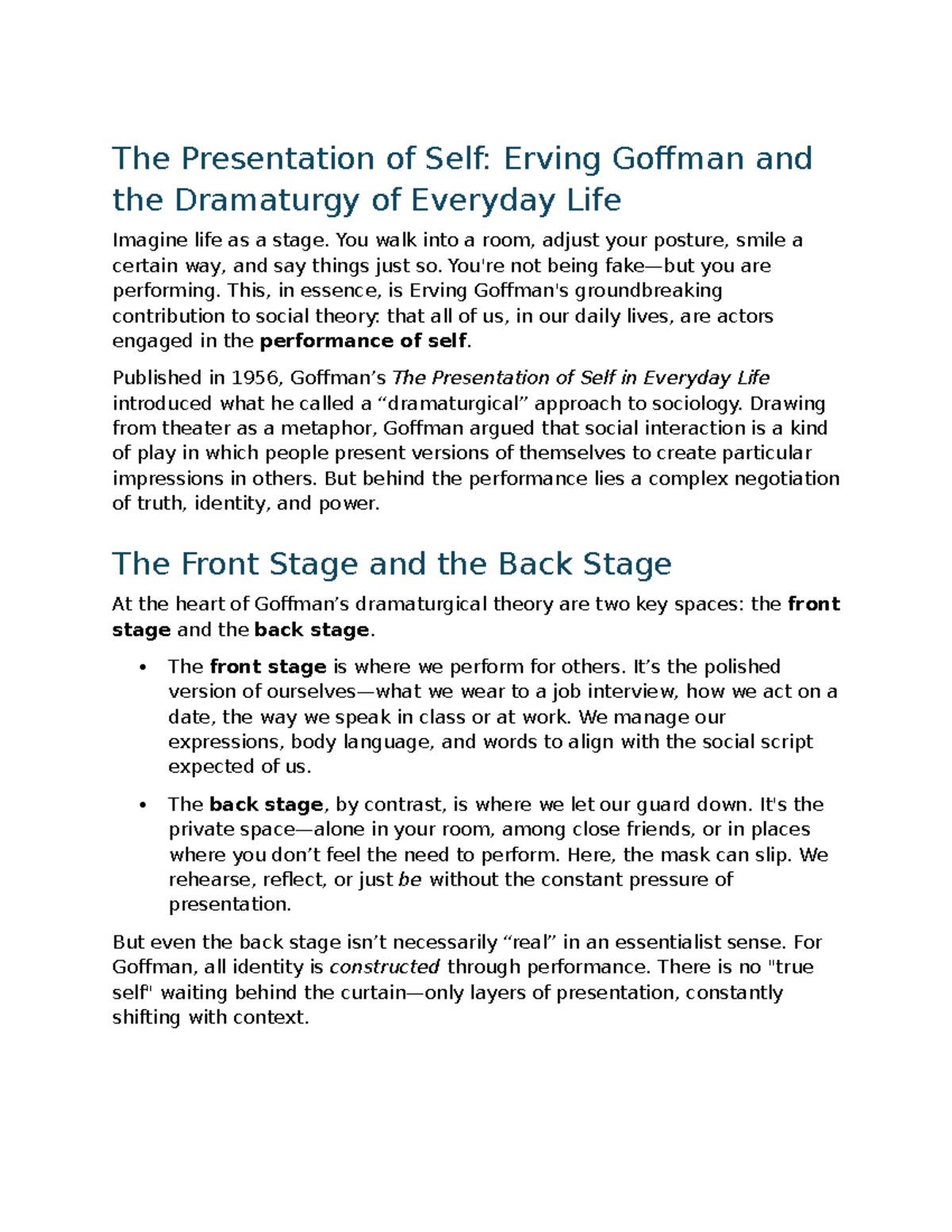 Erving Goffman: Dramaturgy of Everyday Life - A Sociological Insight ...