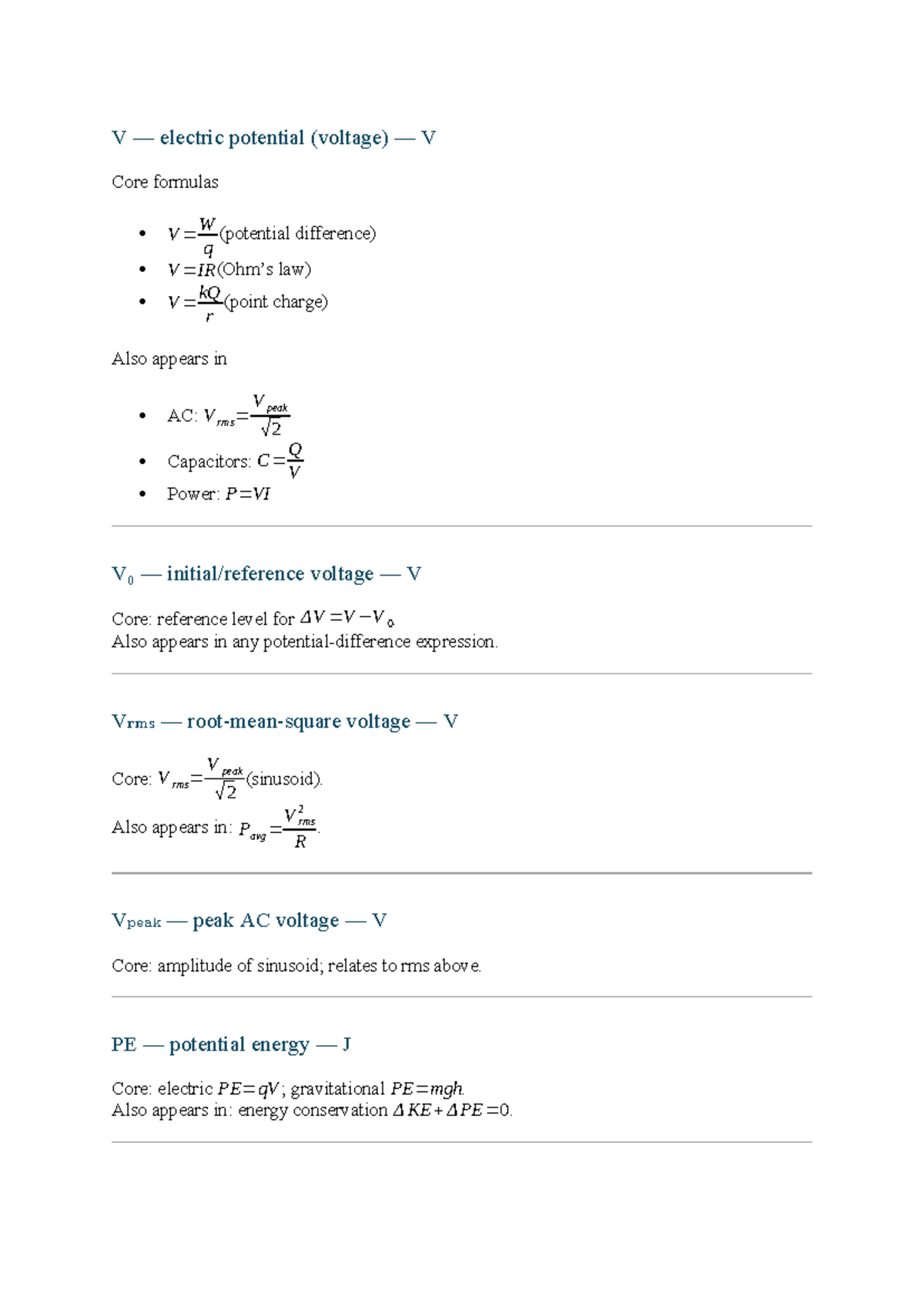 V Electric Potential and Core Formulas: Variable Overview - Studocu