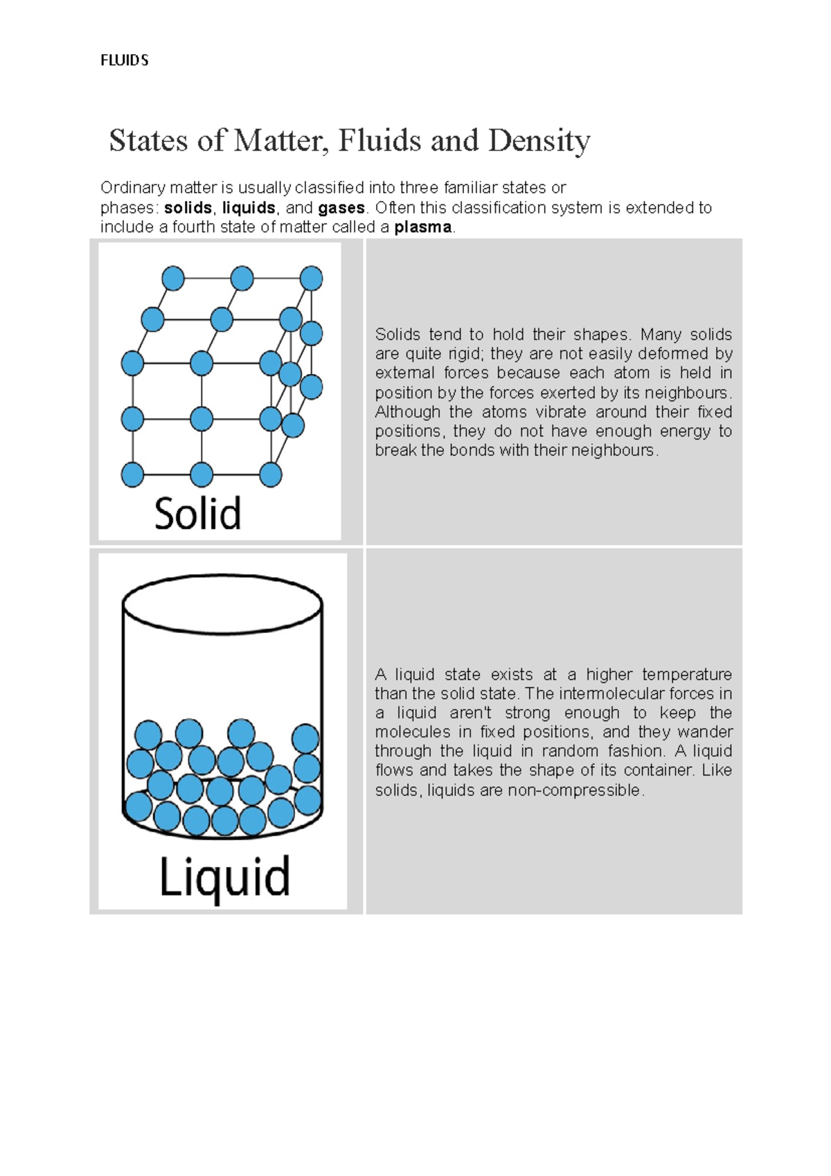 Fluids notes - States of Matter, Fluids and Density Ordinary matter is ...