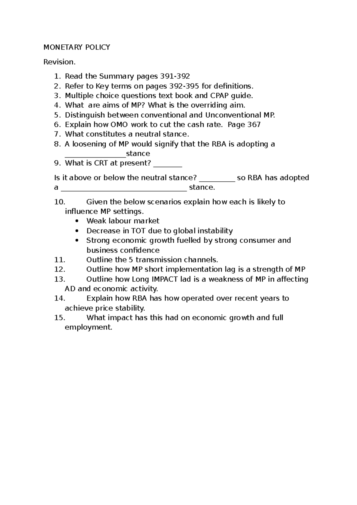 MONETARY POLICY Revision Notes - Key Concepts & Questions - Studocu