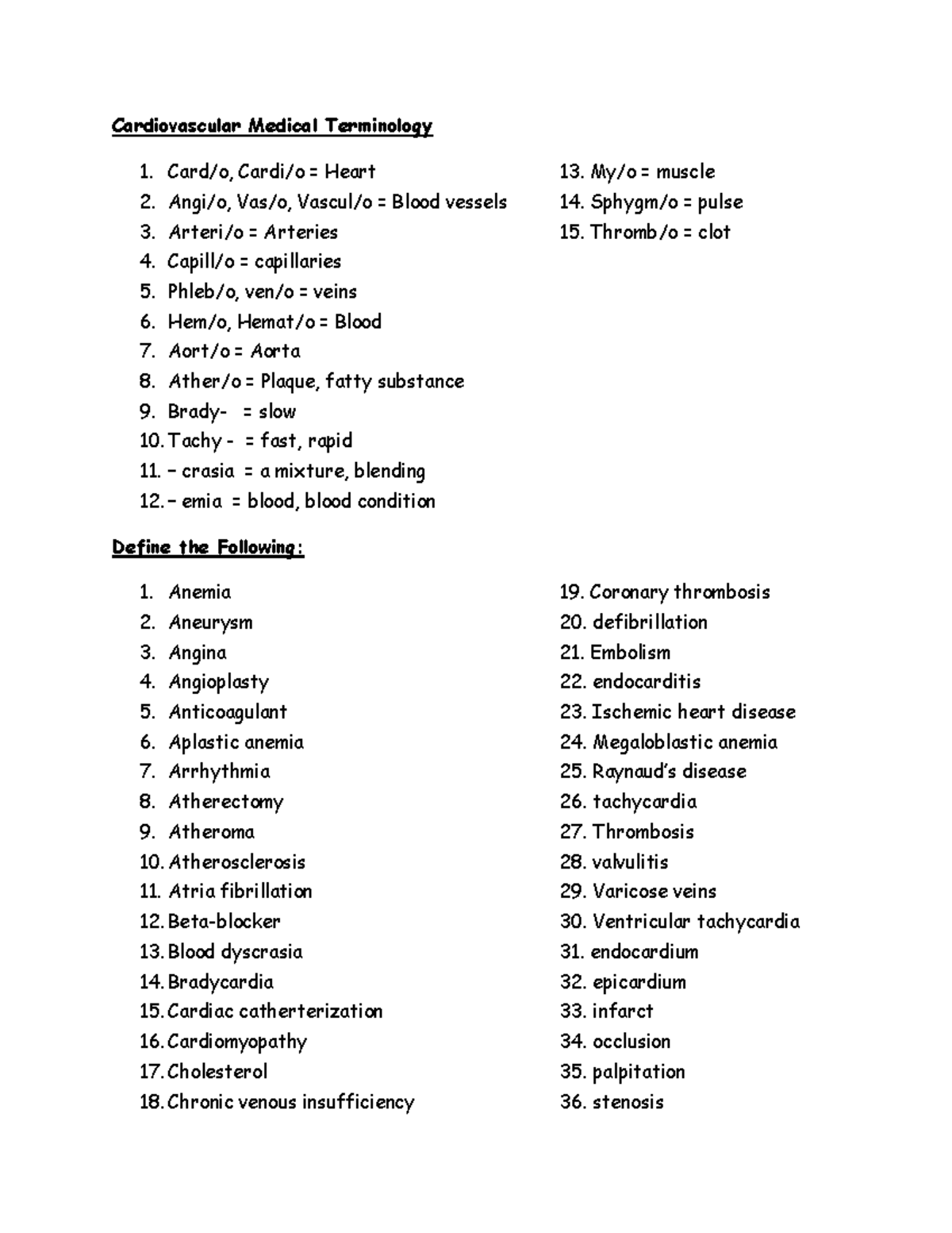 Final Exam Study Guide for ABC 101: Cardiovascular Terminology Concepts ...