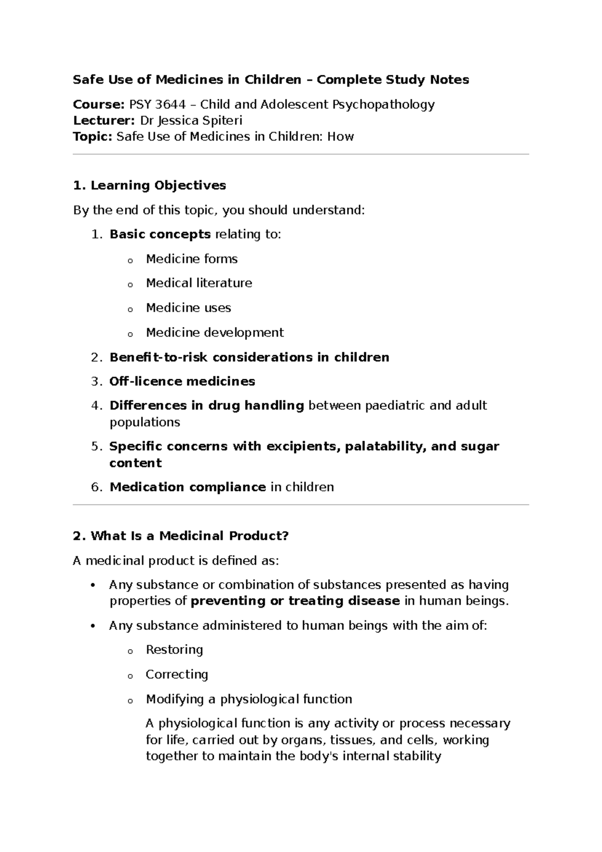 PSY 3644 Final Study Notes: Safe Use of Medicines in Children - Studocu
