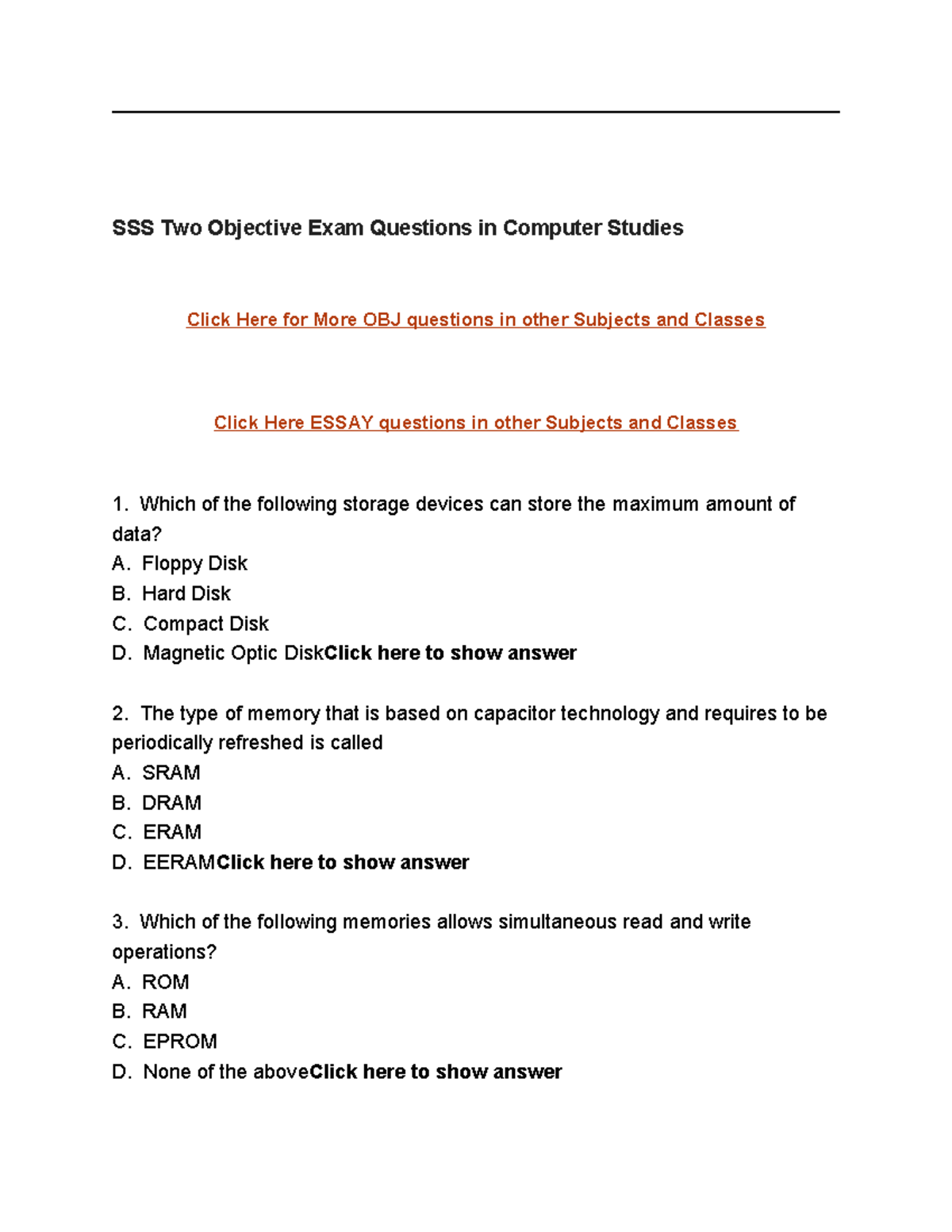 SSS Two Objective Exam Questions in Computer Studies (ICT Exam) - Studocu