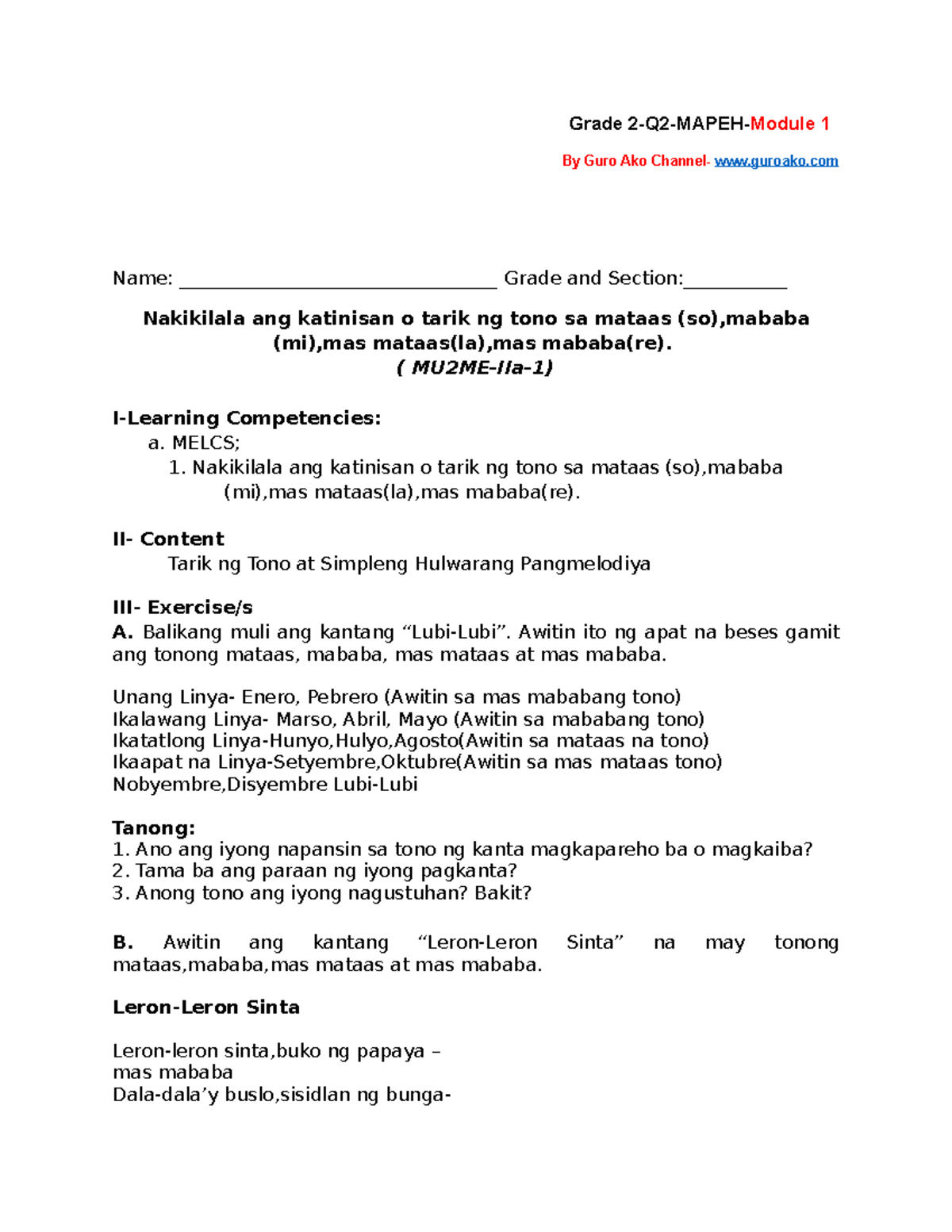 Grade 2-Q2-MAPEH-Module 1: Katinisan ng Tono at Melodiya - Studocu