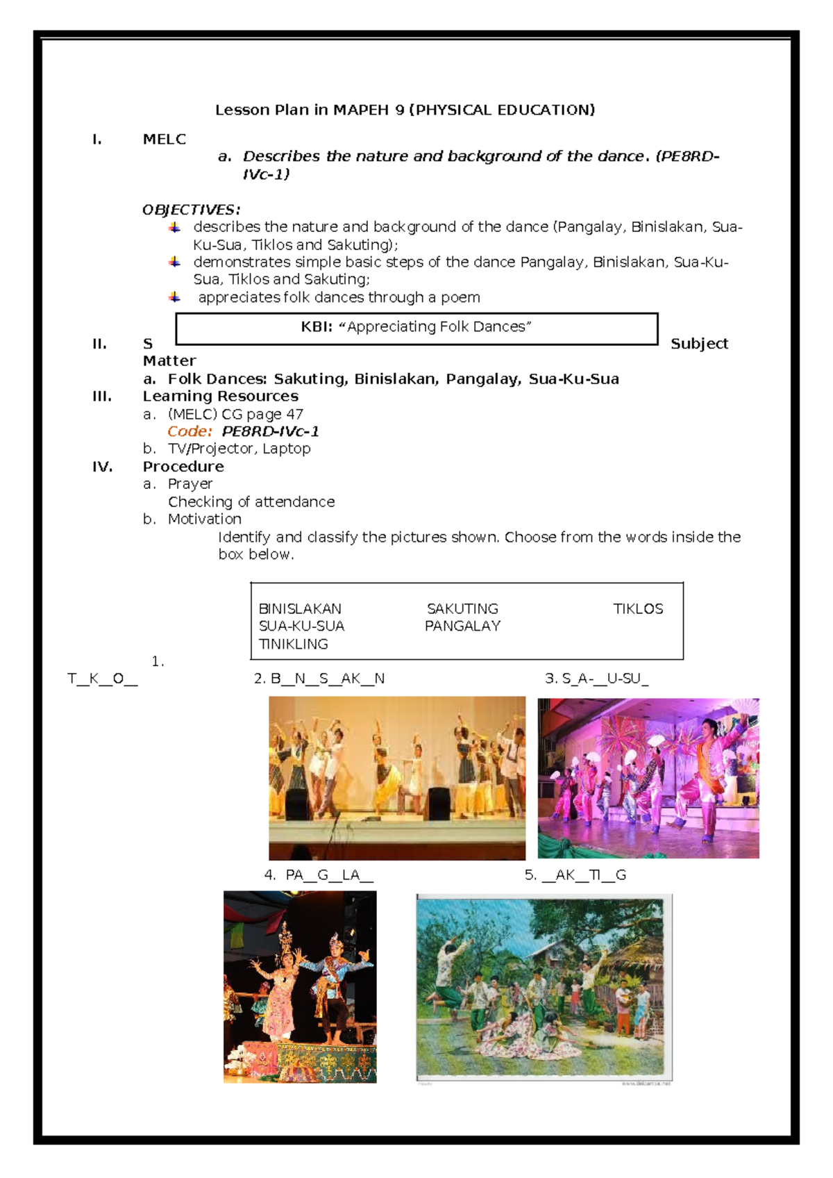 Lesson Plan for MAPEH 8 PE (Quarter 1) - Folk Dances and Officiating ...
