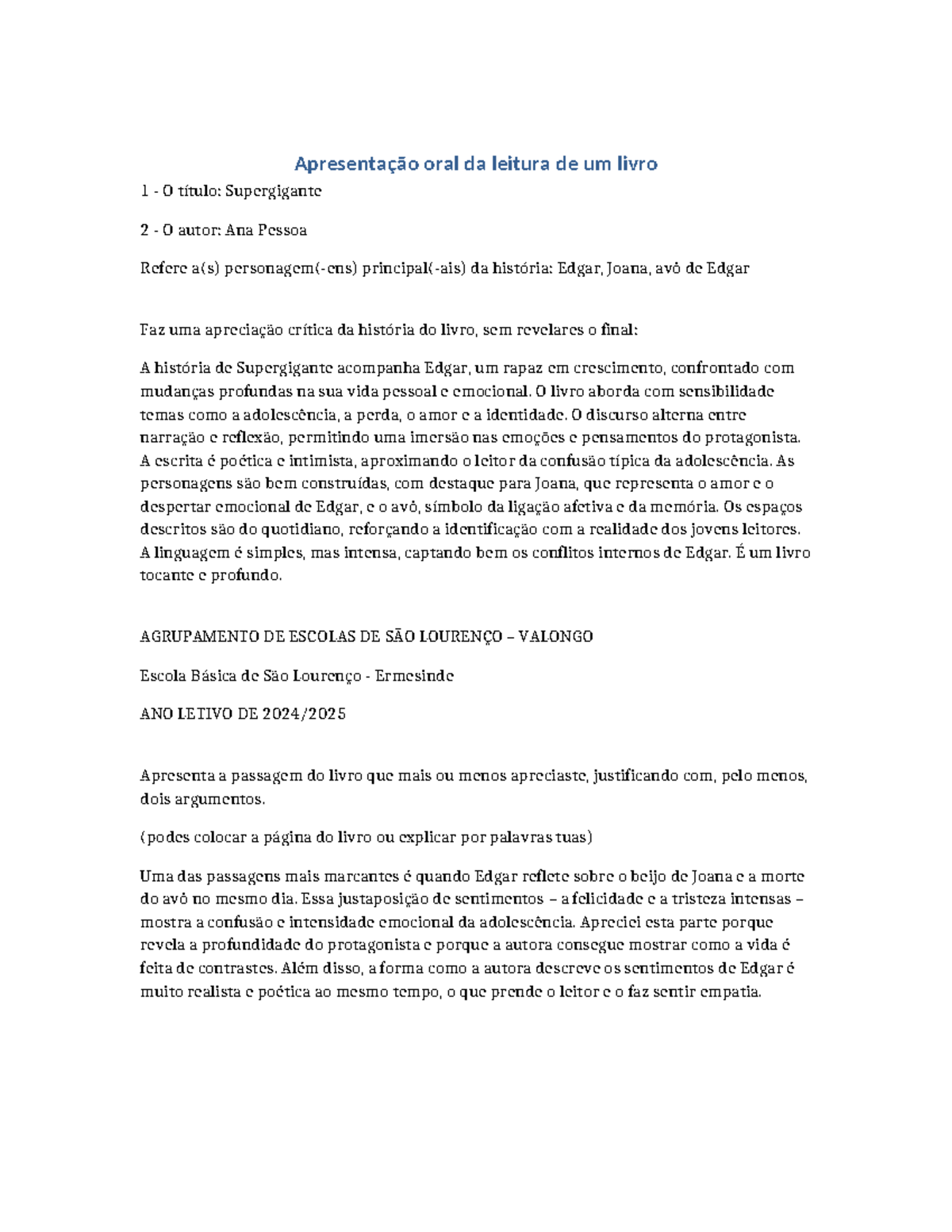 Ficha de Leitura: Supergigante de Ana Pessoa - Studocu