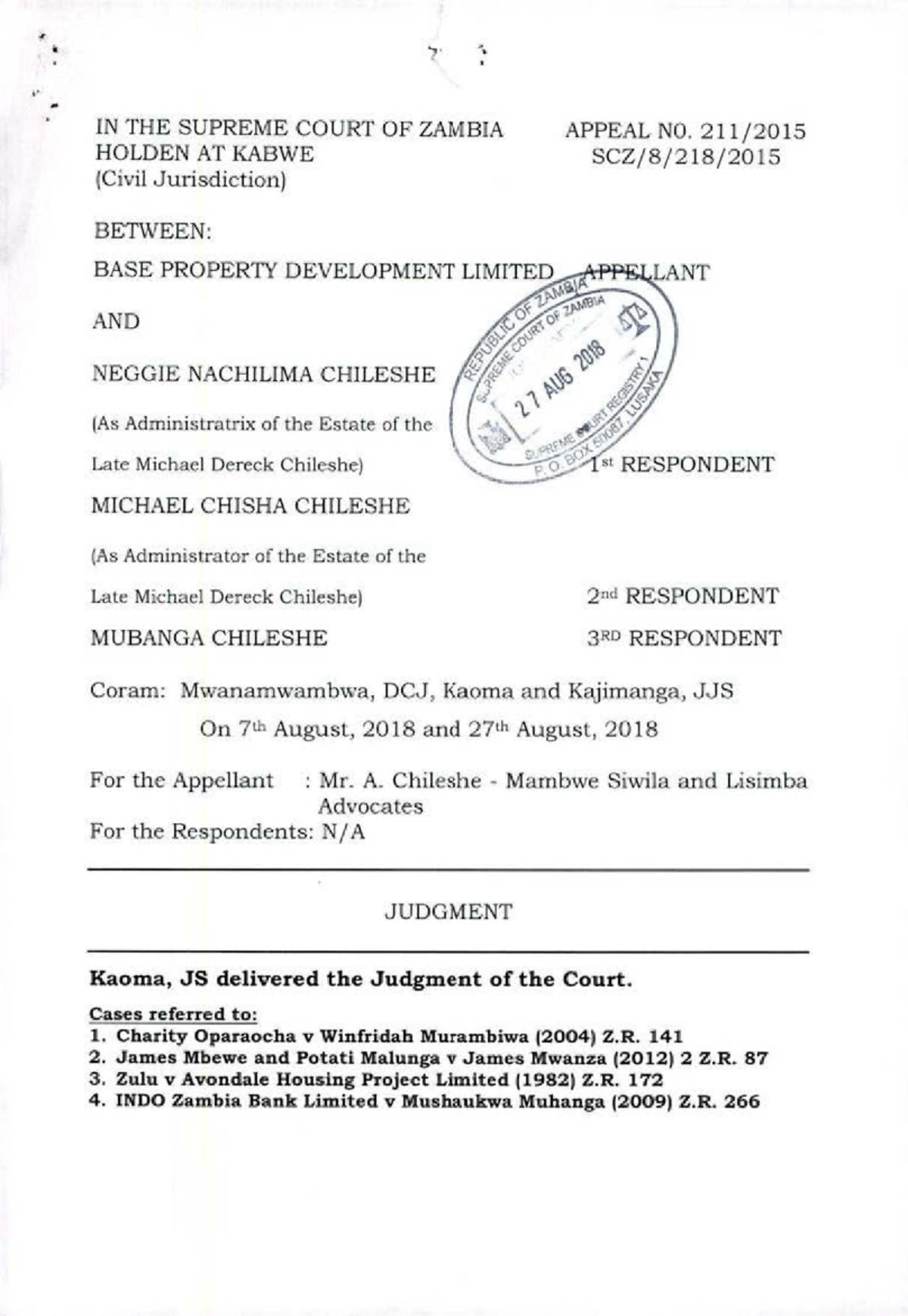 Base Property Development Ltd v Chileshe (Appeal 211 of 2015) Judgment ...