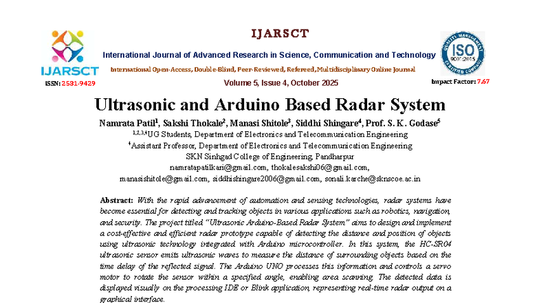 Ultrasonic & Arduino Radar System: IJARSCT Volume 5, Issue 4 - Studocu